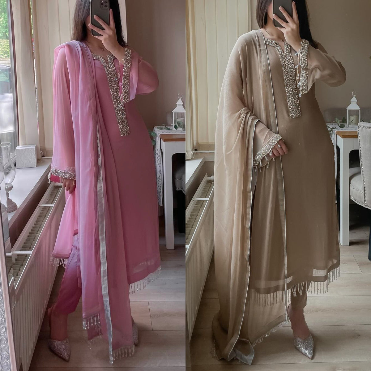 Desirable fancy faux georgette real pearl hand work top and pant with ...